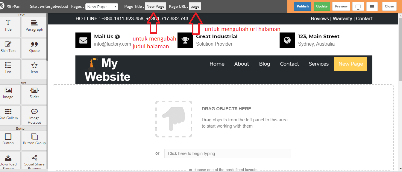 Menambah Page atau Halaman di Sitepad Website Builder - Panduan Hosting Jetorbit
