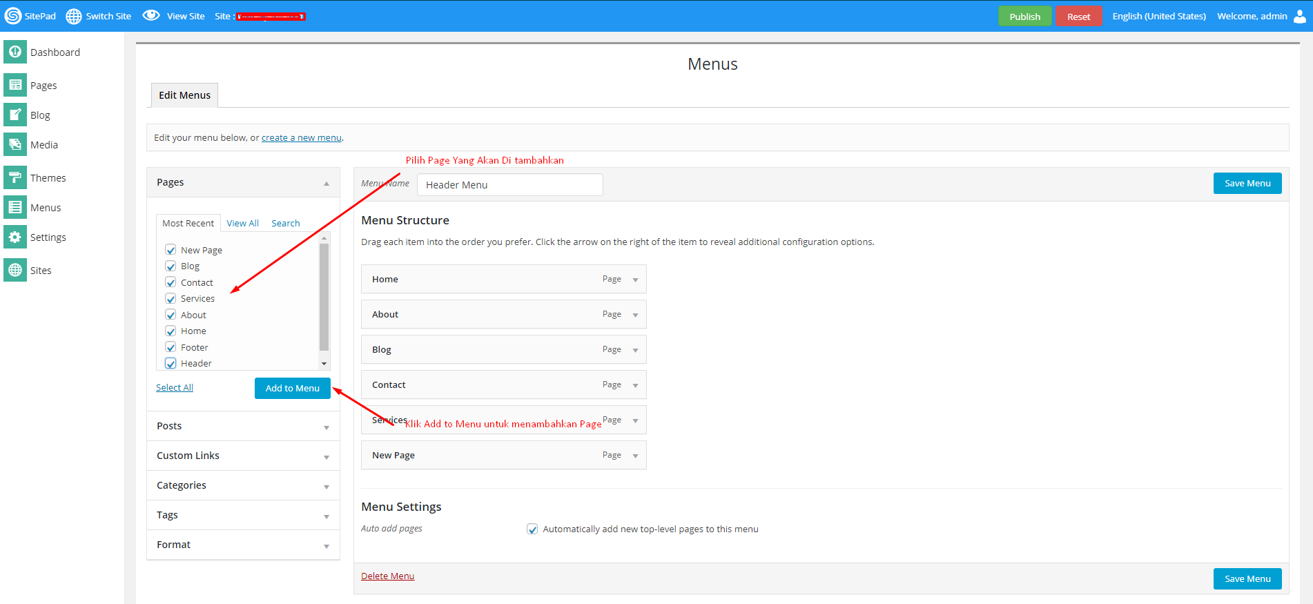 Membuat Menu di Sitepad Website Builder - Panduan Hosting Jetorbit